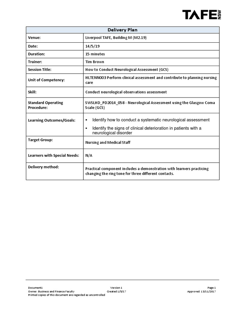 Delivery Plan: Venue: Date: Duration: Trainer: Session Title: Unit of ...