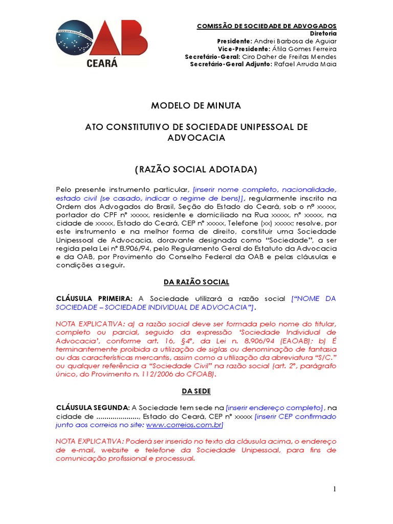 Modelo de Minuta de Contrato Social Sociedade Unipessoal Csaoabce ...