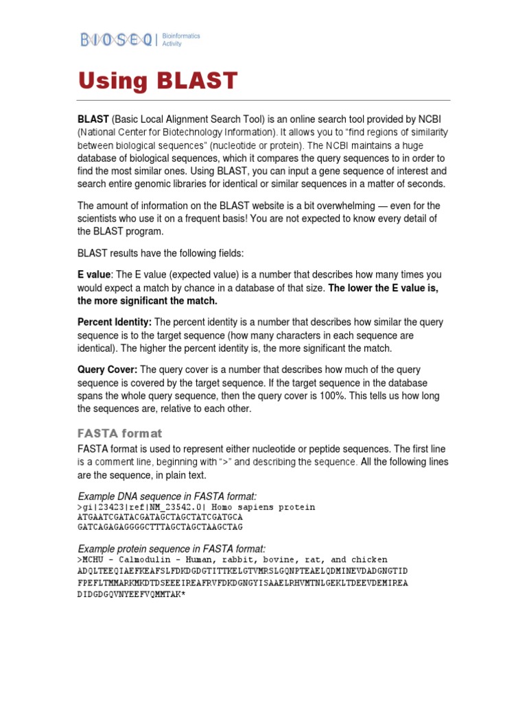 Using BLAST: FASTA Format | PDF | National Center For Biotechnology ...