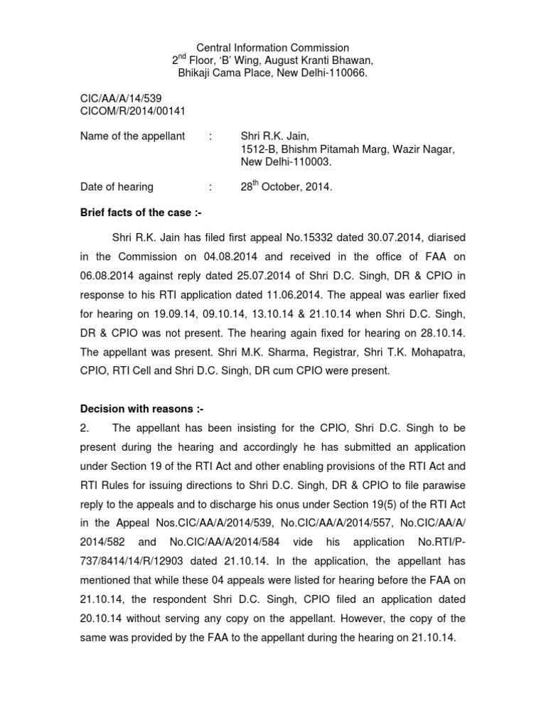 CIC Hearing Decision on RTI Appeal | PDF | Appeal | Government
