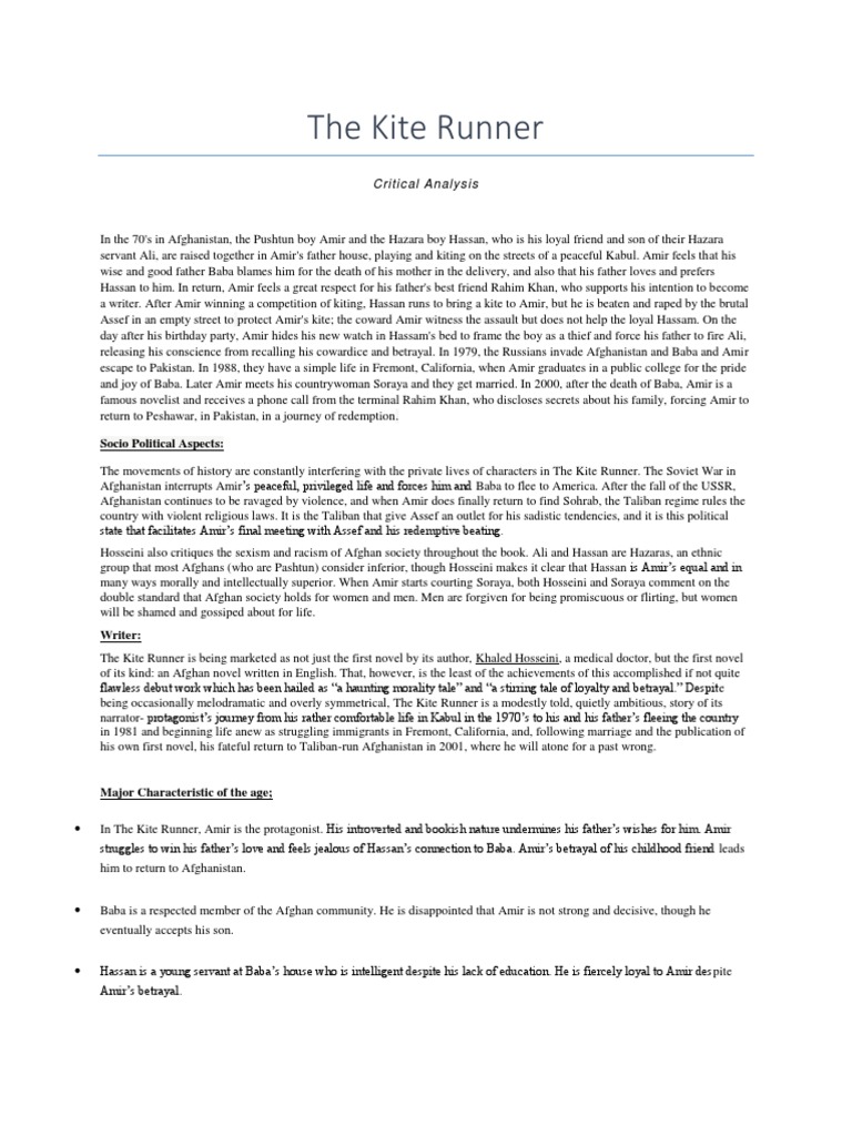 The Kite Runner Critical Analysis | PDF | Violence