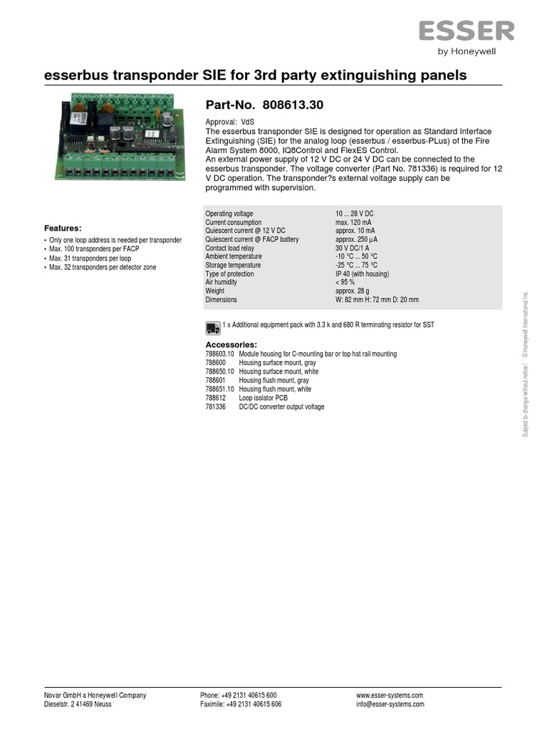 Esserbus Transponder SIE For 3rd Party Extinguishing Panels: Part-No ...
