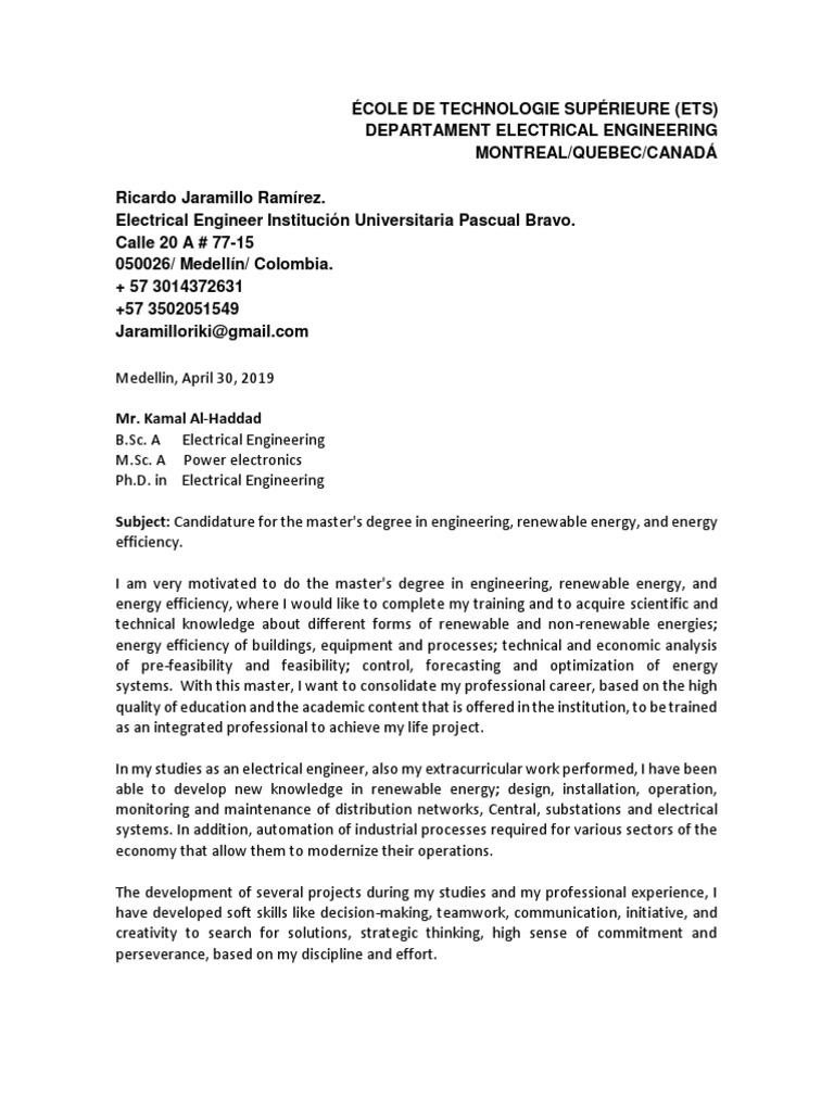 Motivation Letter | PDF | Engineering | Electrical Engineering