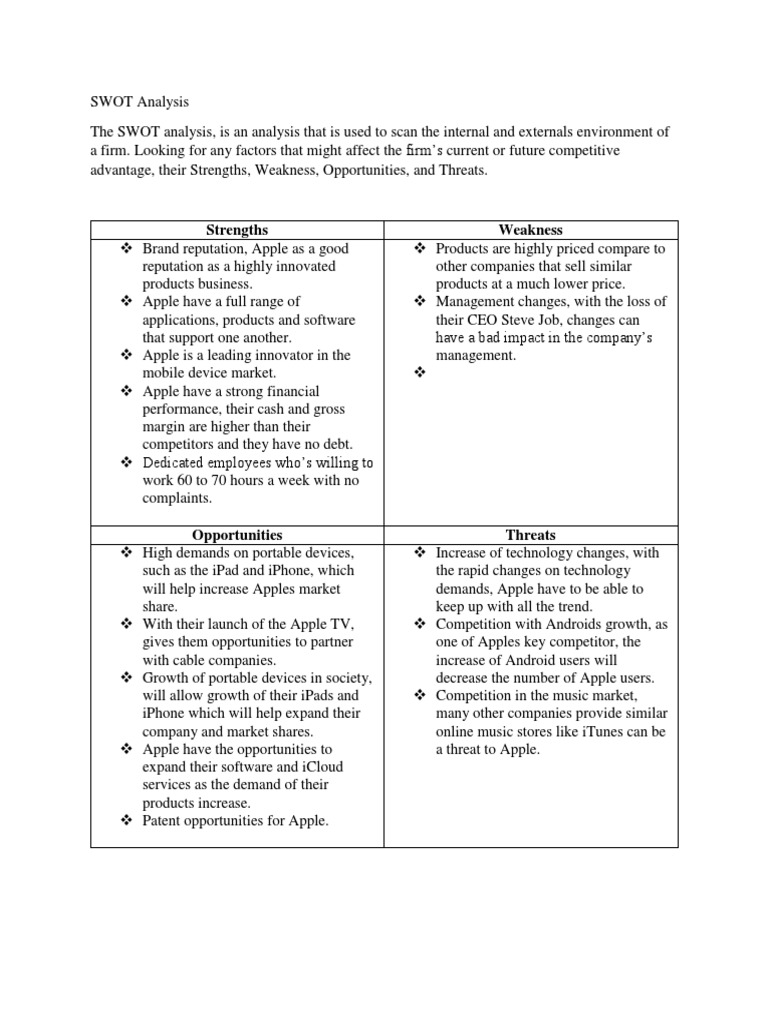 Apple SWOT Analysis | PDF | Apple Inc. | Swot Analysis