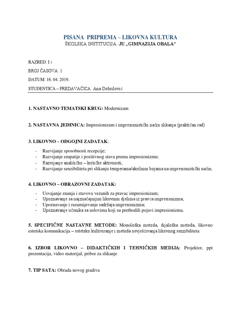 Pismena Priprema Za Ogledni Čas | PDF