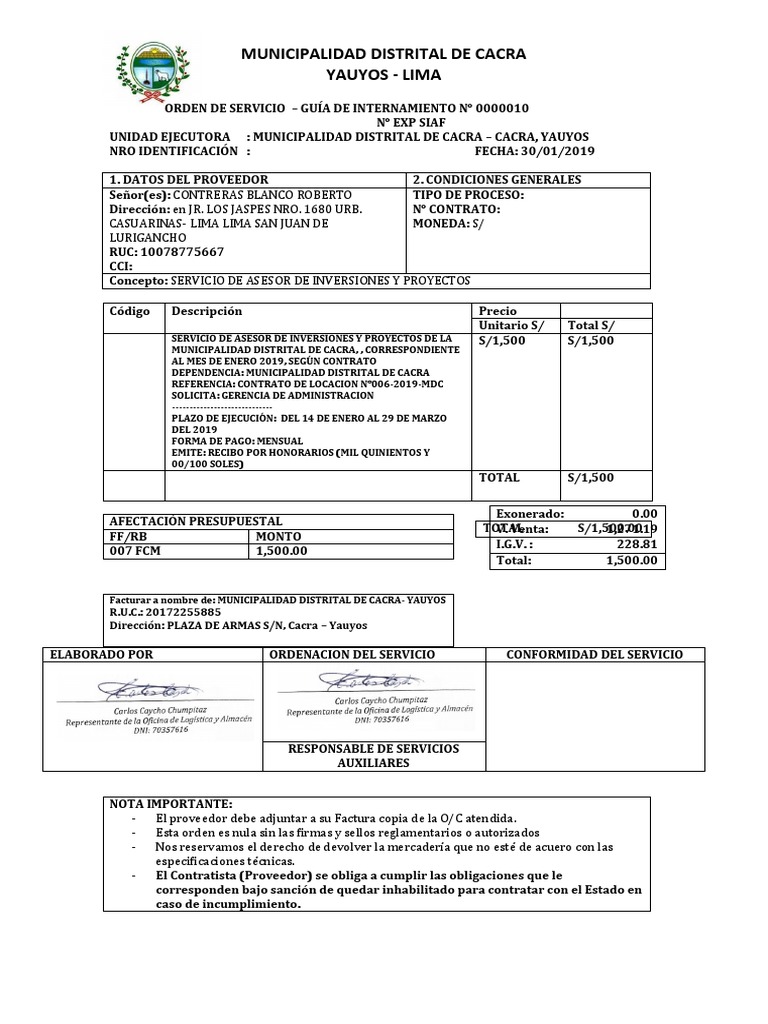 ORDEN DE SERVICIO N 012-2019-MDC.docx | Lima | Gobierno local
