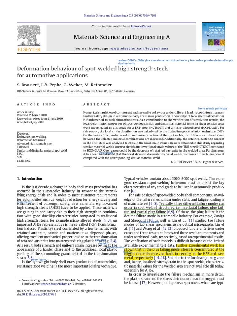 Deformation Behaviour of Spot-Welded High Strength Steels For Automotive Applications | PDF ...