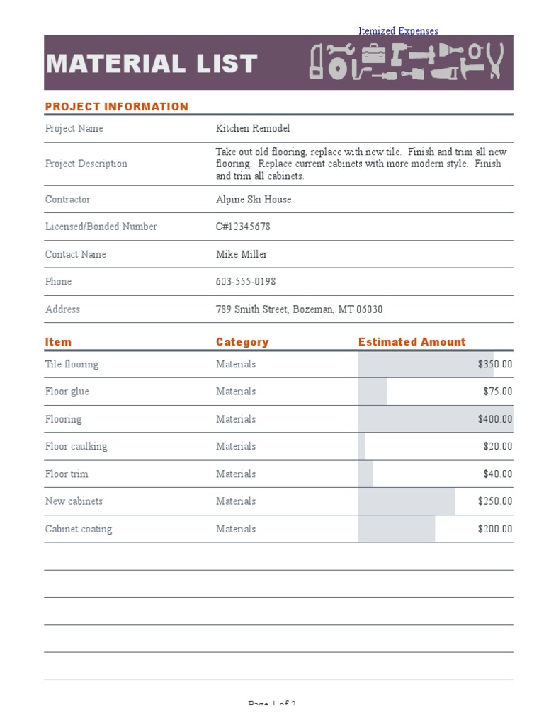 Materials List Template | PDF