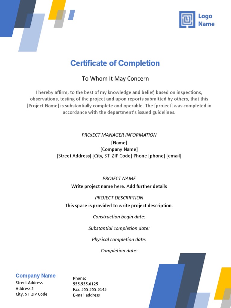 Certificate of Project Completion - 1 | PDF