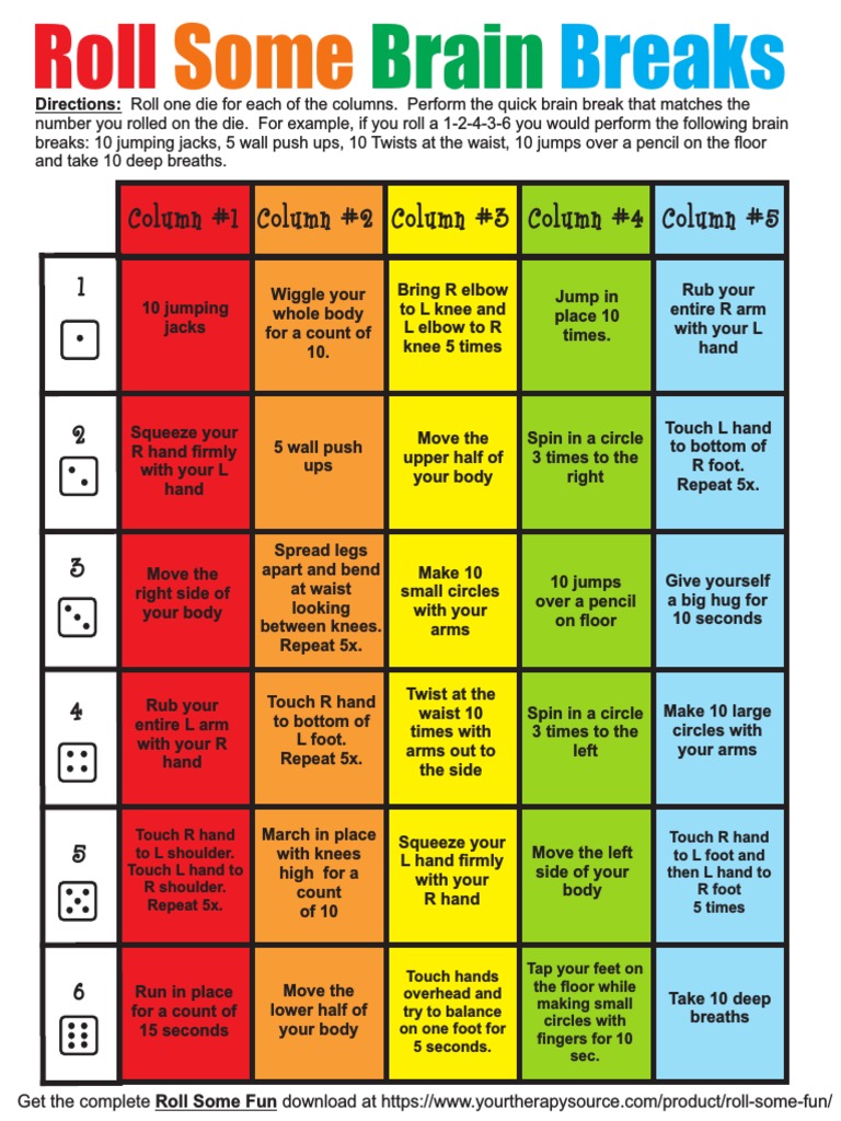 Roll Some Brain Breaks Freebie | PDF | Foot | Hand