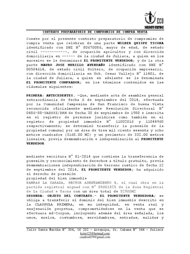 Contrato Preparatorio de Compromiso de Compra Venta-Mauro | PDF | Derecho y economía ...