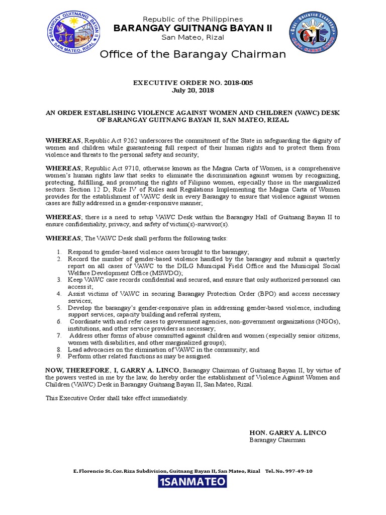 Executive Order 2018 005 VAWC Creation | PDF | Violence | Domestic Violence