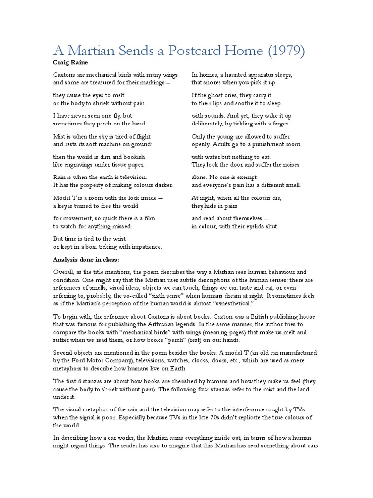 Analysis of "A Martian Sends a Postcard Home" by Craig Raine | Senses ...