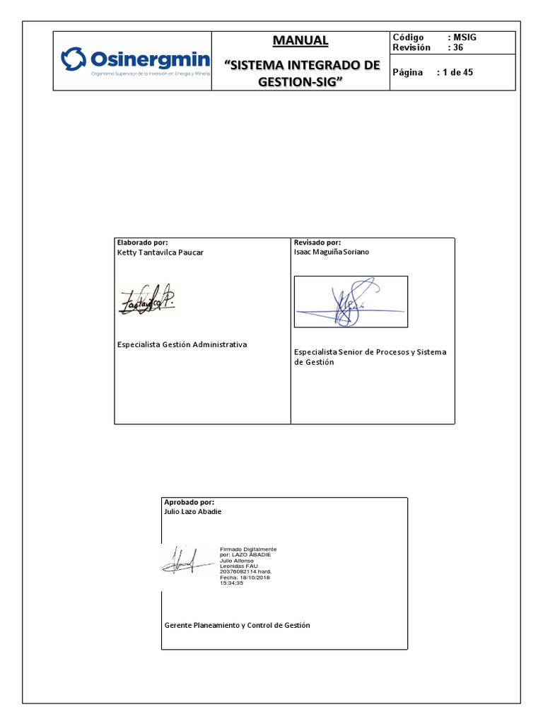 Manual SIG OSINERGMIN PDF | PDF | Institución | Calidad (comercial)