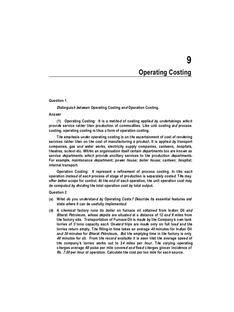 Chapter 9 Operating Costing | PDF