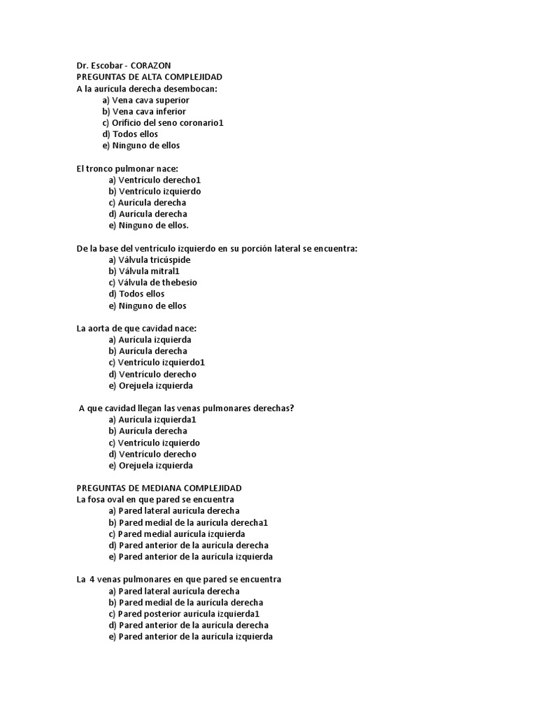 Preguntas sobre Anatomía Cardiovascular y Esquelética | PDF | Corazón ...