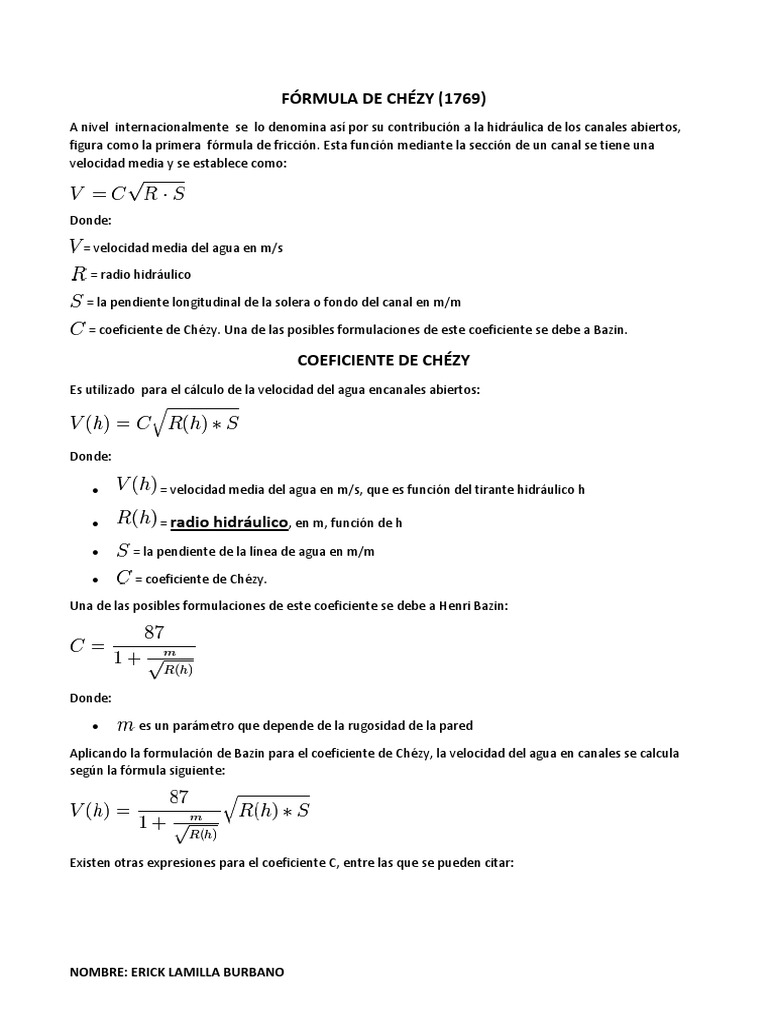 Fórmula de Chézy | Canal | Física y matemáticas