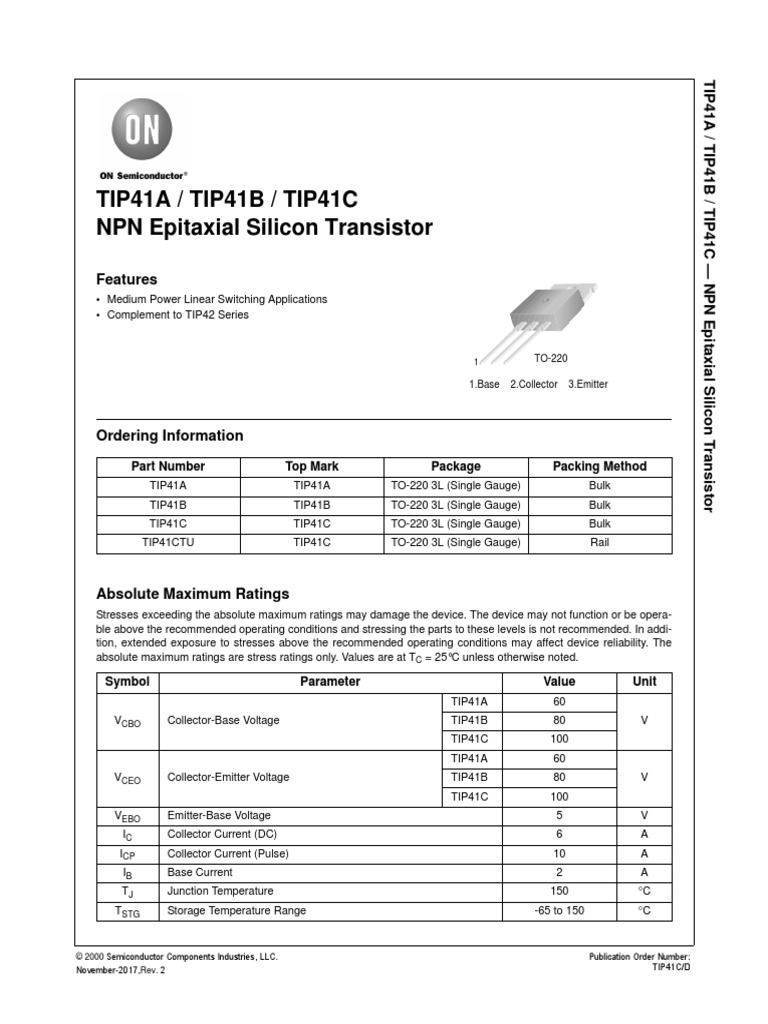 TIP41A / TIP41B / TIP41C NPN Epitaxial Silicon Transistor: Features ...