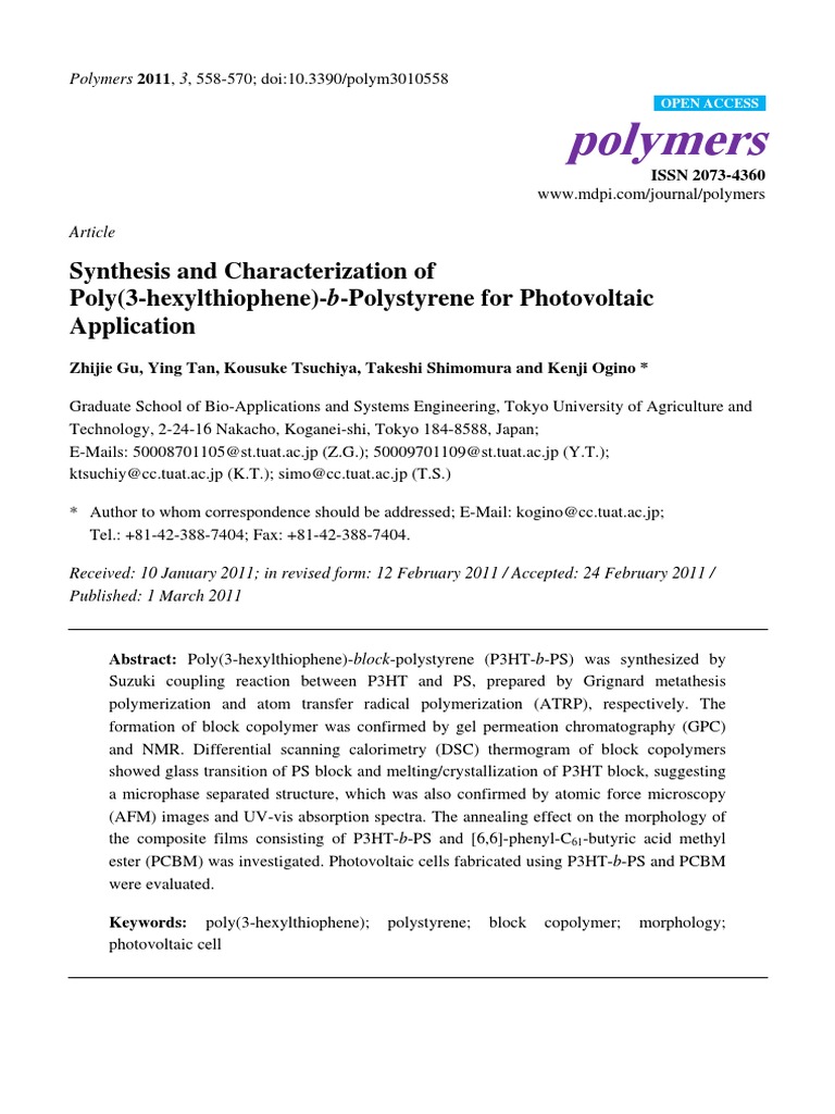 Polymers: Synthesis and Characterization of Poly (3-Hexylthiophene) - B ...