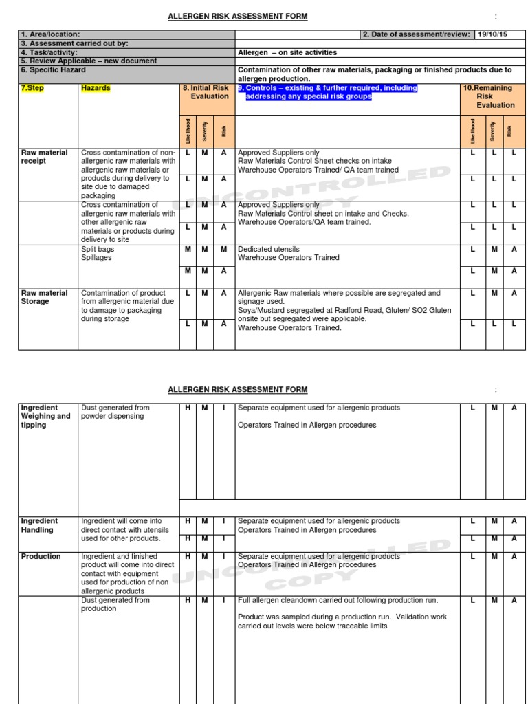 Risk Assessment Allergens | PDF | Packaging And Labeling | Allergy