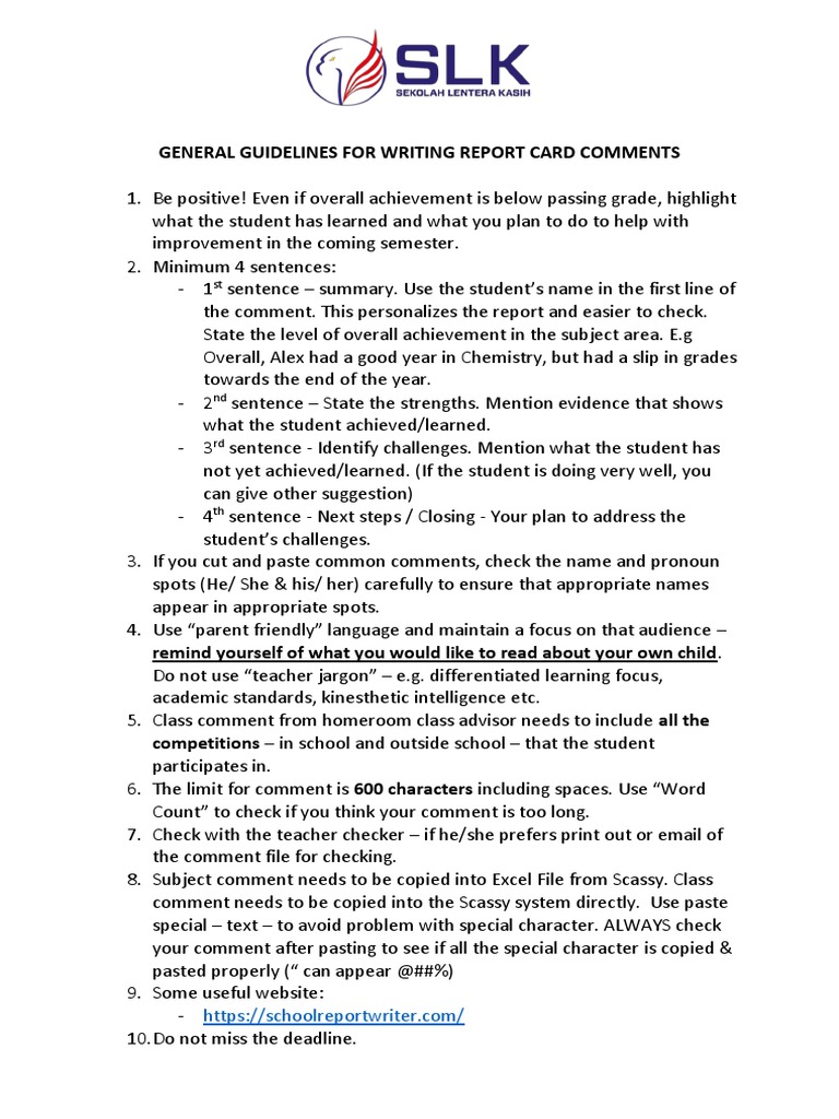 SOP Report Card Comment | PDF | Learning | Behavior Modification