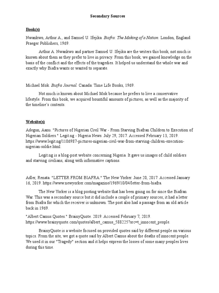 Secondary Annotated Bibliography | PDF | Biafra | Wikipedia