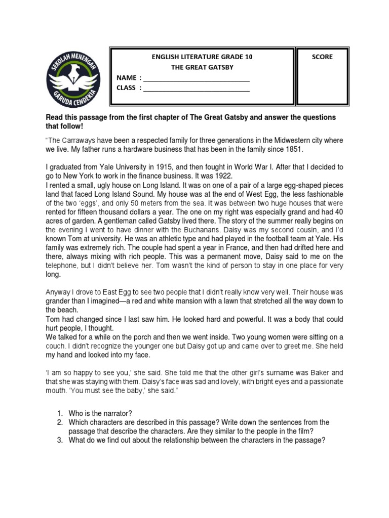 Great Gatsby Worksheet | PDF | The Great Gatsby