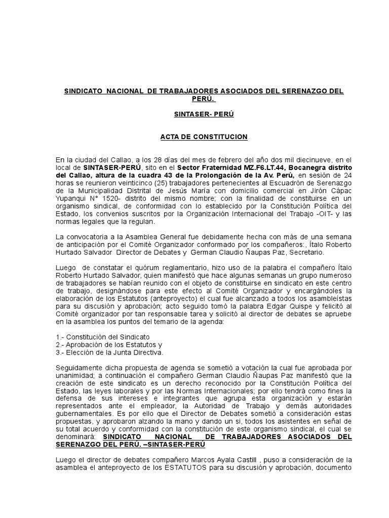 Constitución del Sindicato SINTASER-PERÚ | PDF | Sindicato | Derecho ...