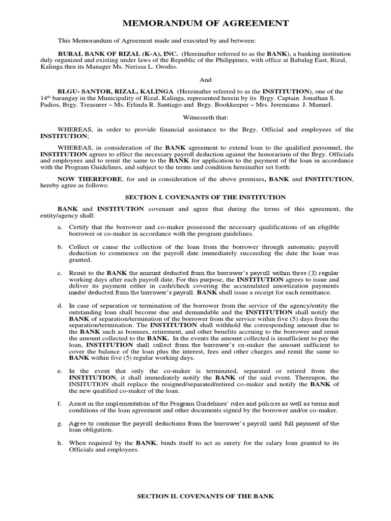Sample Memorandum of Agreement | PDF | Payroll | Loans