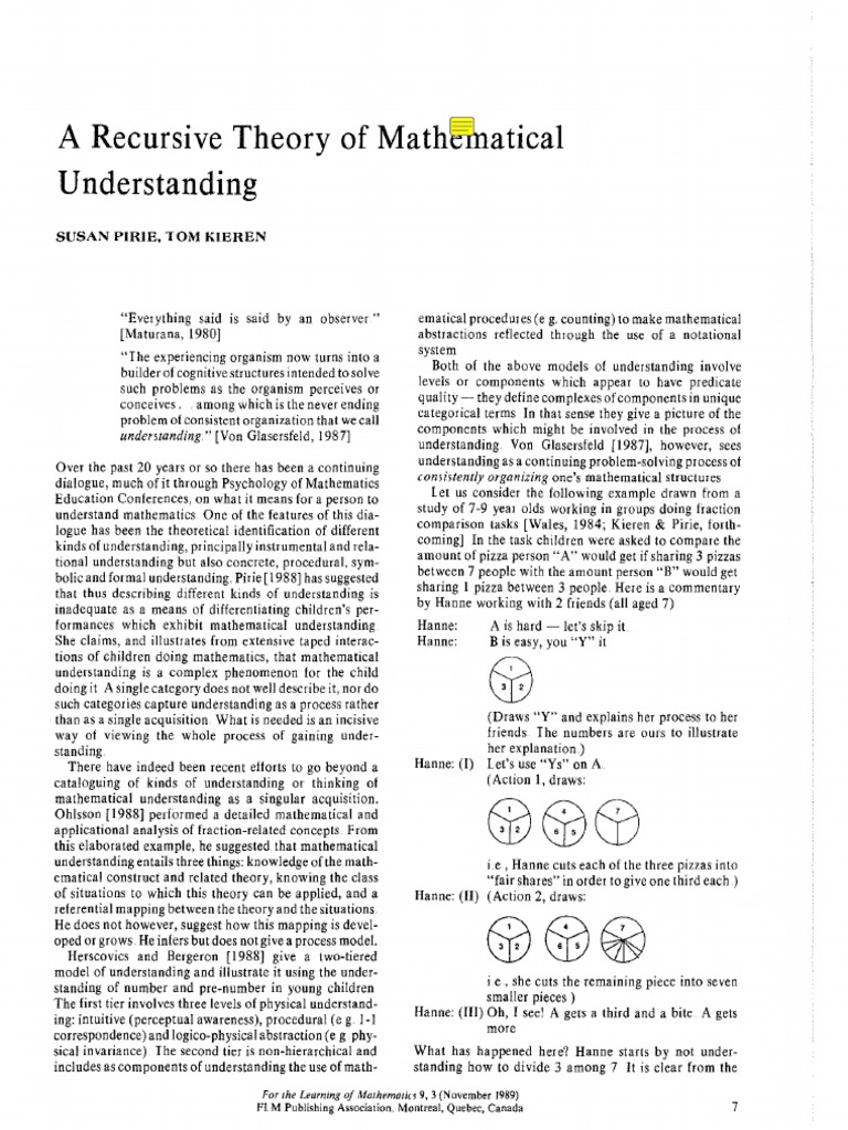 A Recursive Theory of Mathematical Understanding: Susan Pirie, Kieren ...