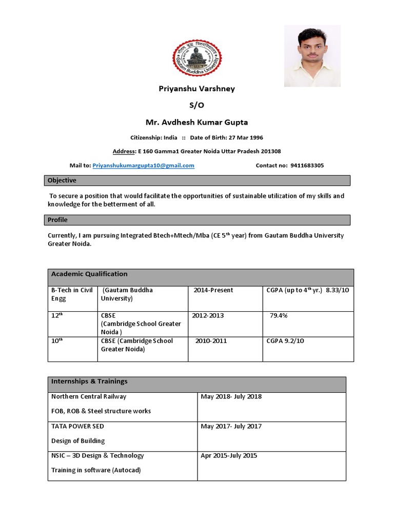 Priyanshu Varshney S/O Mr. Avdhesh Kumar Gupta: Objective | PDF