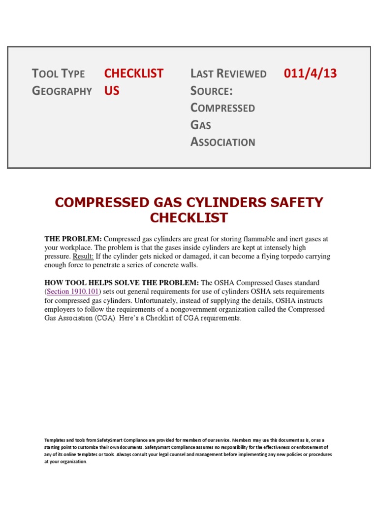 Compressed Gas Cylinders Safety Checklist | Download Free PDF | Gases ...