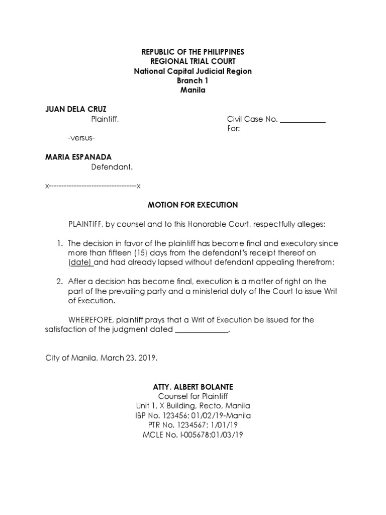 Motion For Execution of Judgment | PDF Motion For Execution of Judgment | PDF