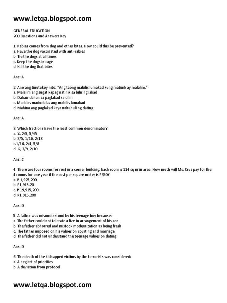 GENERAL EDUCATION 200 Questions With Answer Key | PDF | Tagalog ...