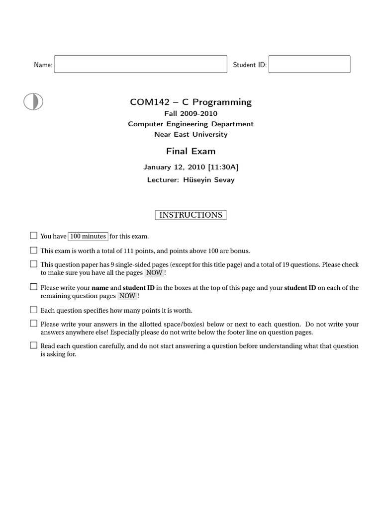 COM142 - C Programming Final Exam | PDF | Array Data Structure | C ...