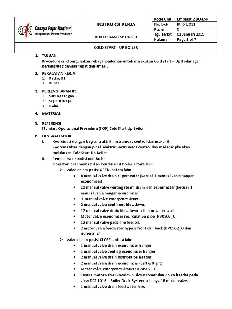 6.1.011. INSTRUKSI KERJA Cold Start Up Boiler | PDF