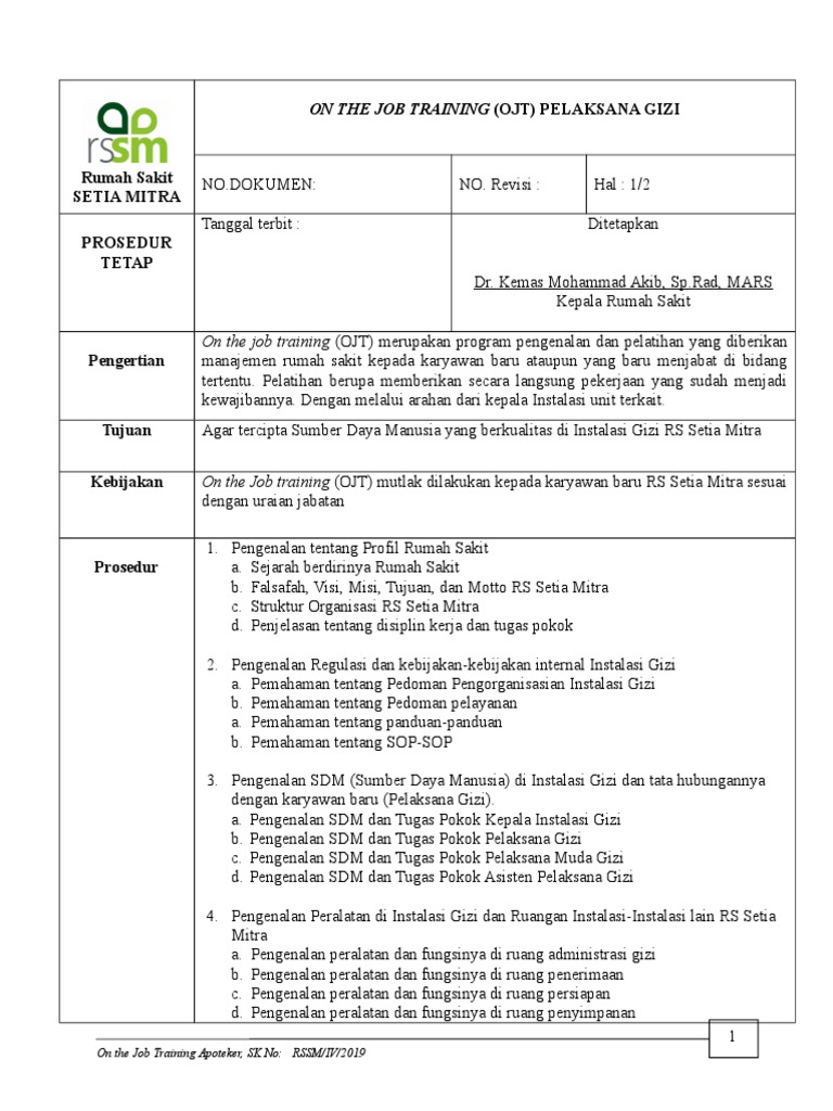 SOP OJT Pelaksana Gizi | PDF