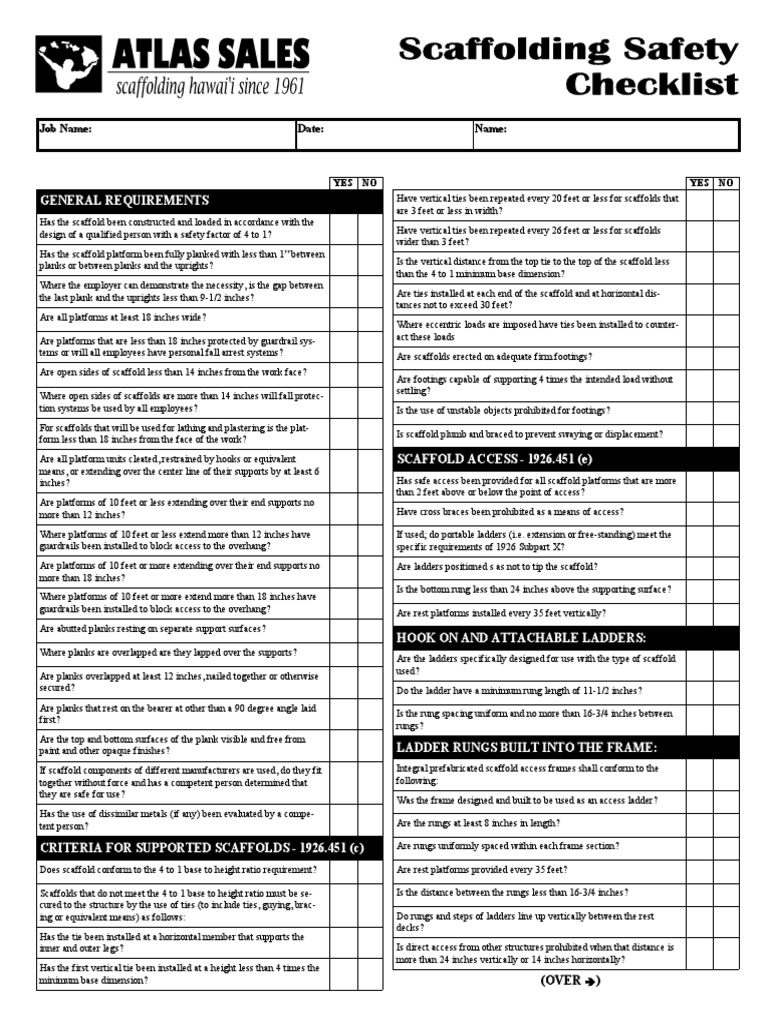 Scaffold Safety Inspection Checklist | PDF | Scaffolding | Equipment