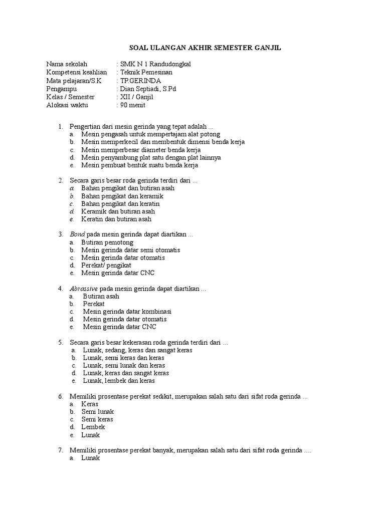Soal Teknik Pemesinan Gerinda XII | PDF | Metode & Bahan Ajar | Griya ...