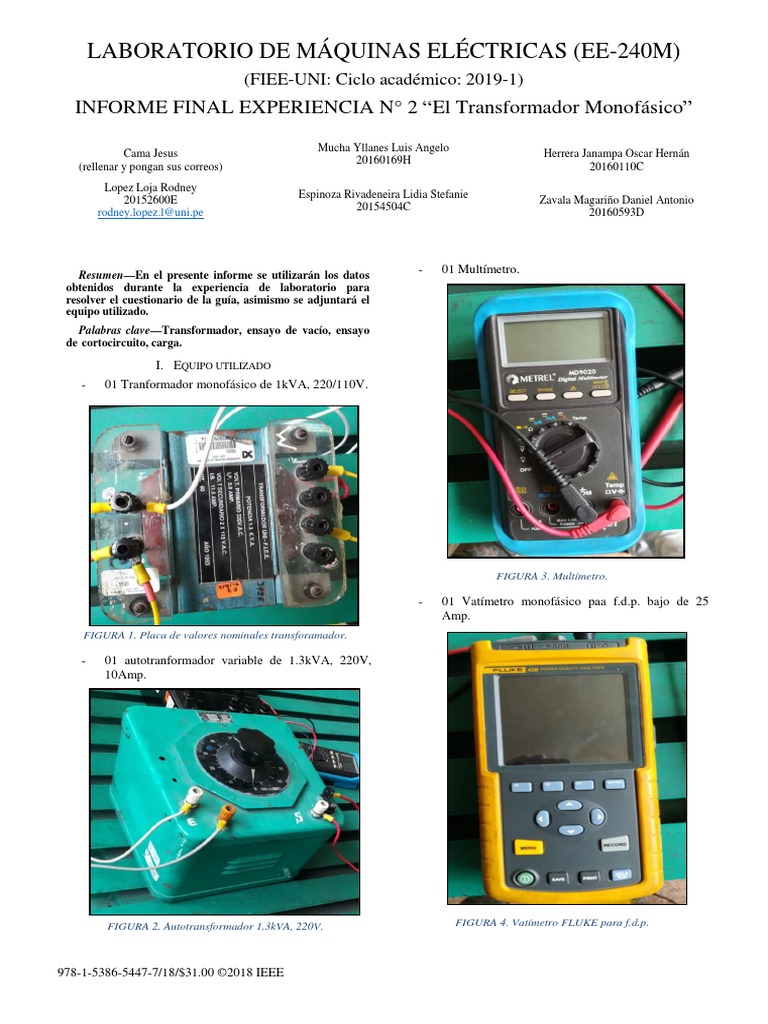 INFORME FINAL 2 EE240M Lab de Maquinas Electricas | PDF | Transformador | Energia electrica