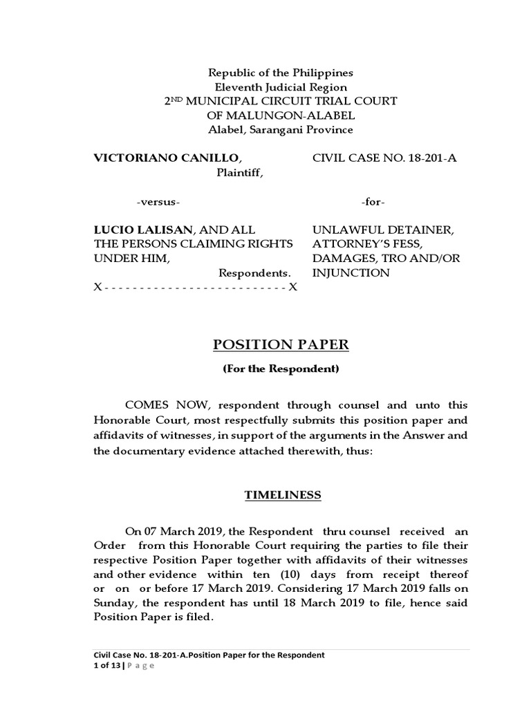 Position Paper for Lucio Lalisan | PDF | Complaint | Lawsuit