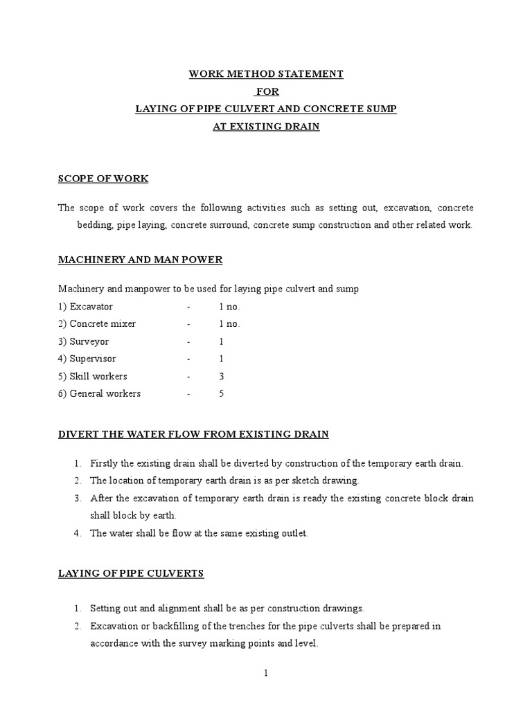 Work Method Statement FOR Laying of Pipe Culvert and Concrete Sump at ...