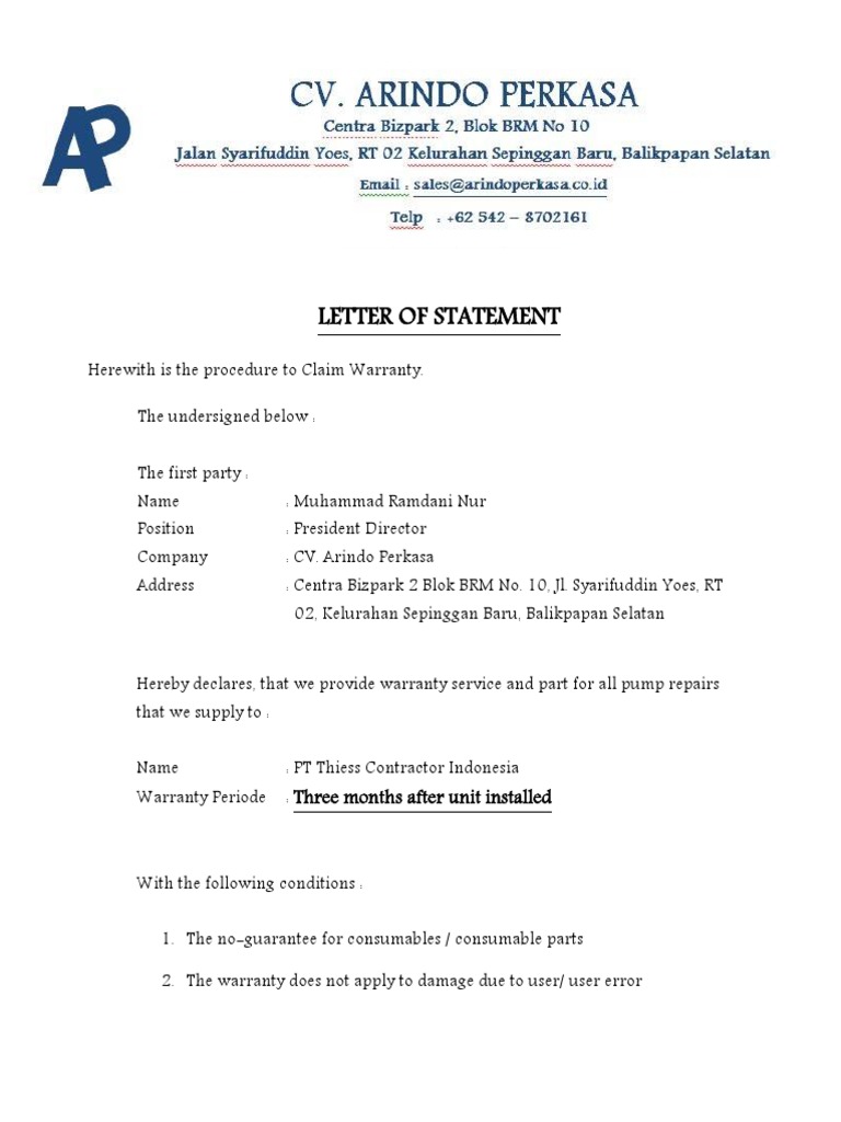 Letter of Statement