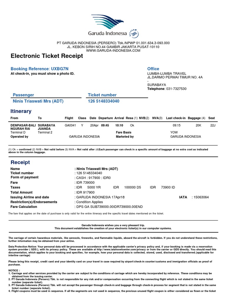 Garuda Indonesia Electronic Ticket Receipt | PDF | Dangerous Goods ...