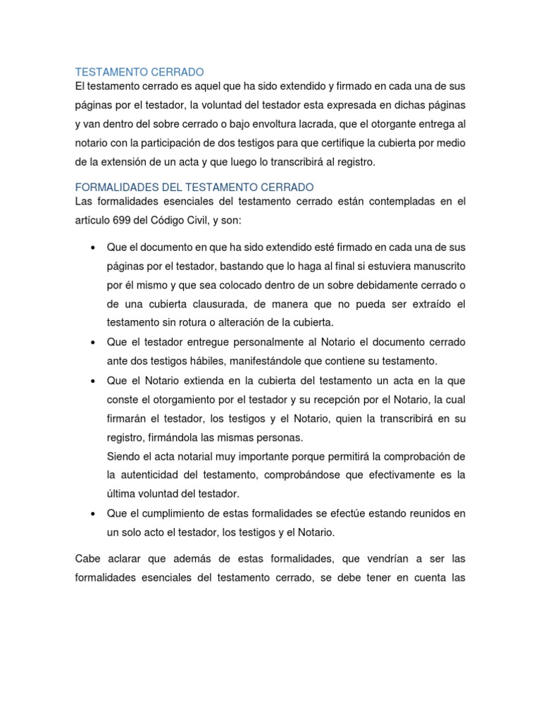 Testamento Cerrado | PDF | Voluntad y testamento | Derecho Civil ...