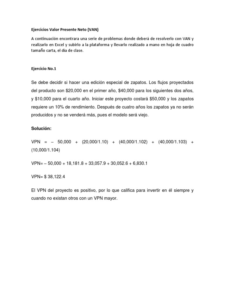 Ejercicios Valor Presente Neto | PDF | Valor presente neto | Dinero