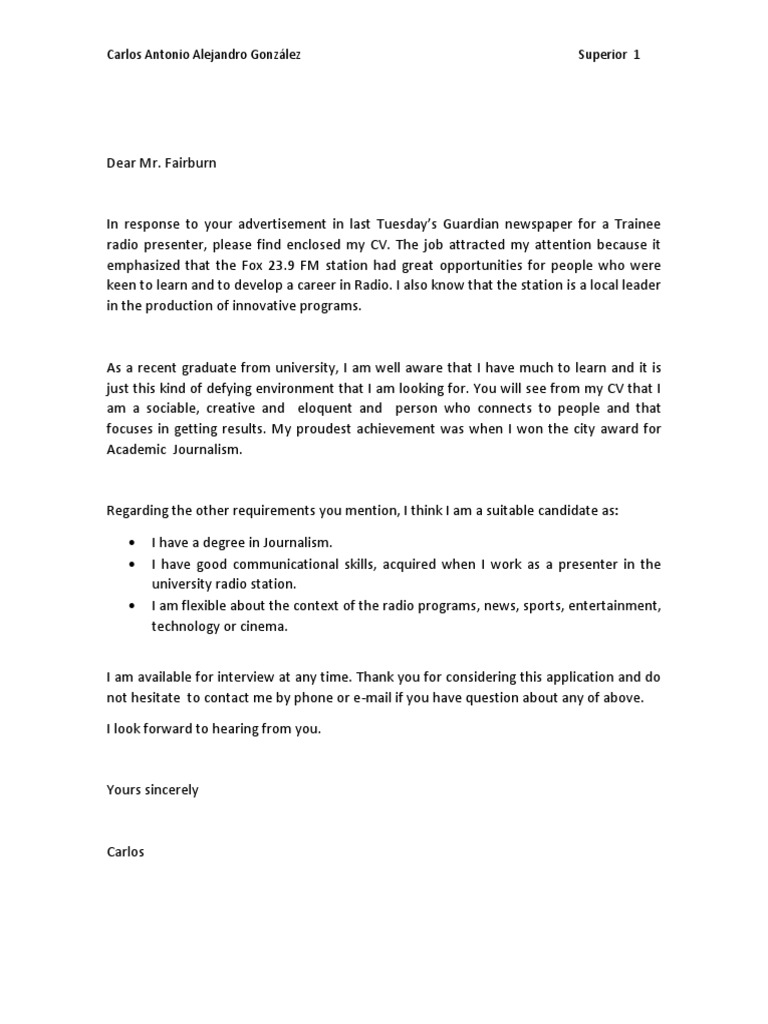 Aspiring Radio Presenter's Cover Letter Highlighting Relevant ...