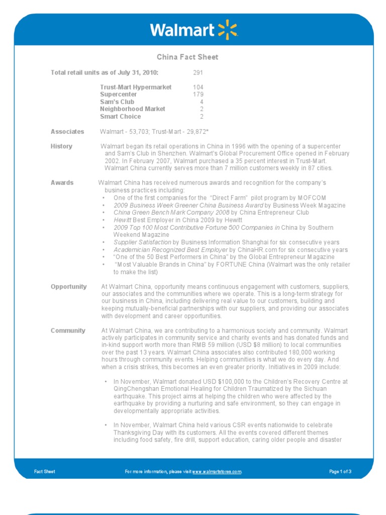 China Fact Sheet | PDF | Walmart | China