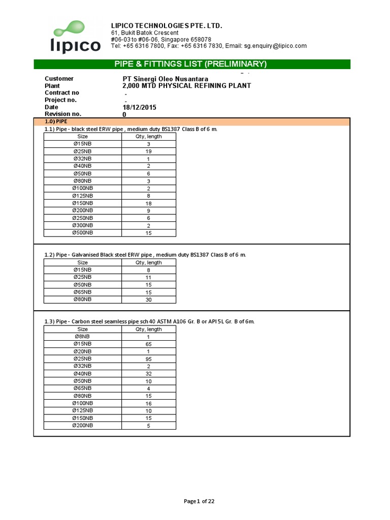 Pipe & Fittings List (Preliminary): Customer Plant Contract no Project ...