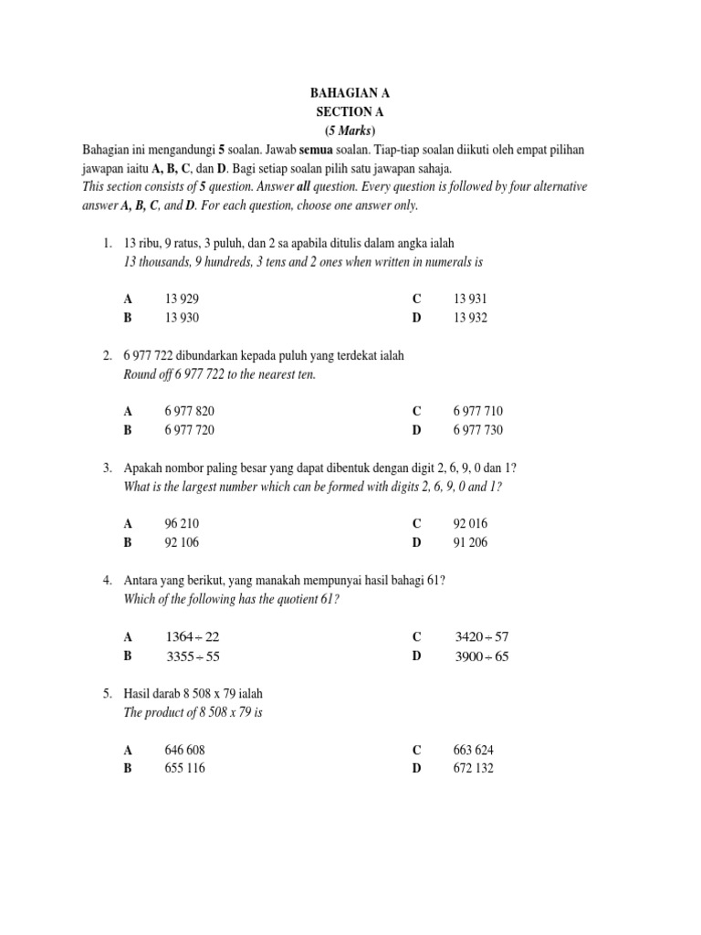 Soalan Ujian 1 Matematik Tingkatan 1 | PDF